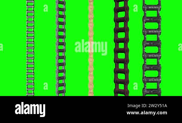 5 different steel engine chains timing on green screen loop animation ...