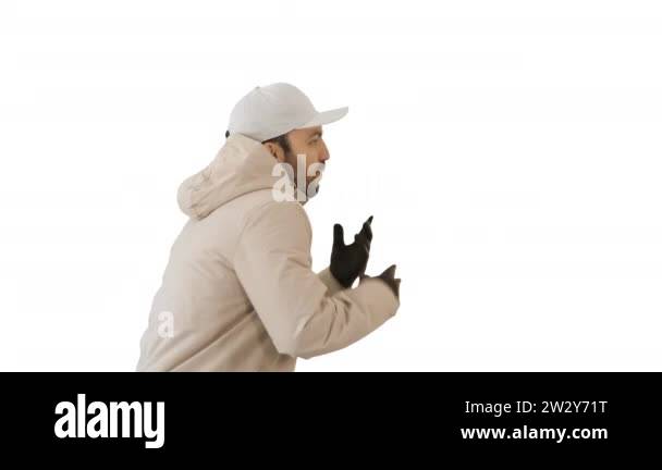 Hip-hop man singing rap, walking and making gestures on white ...