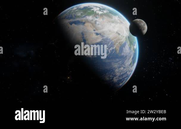 Moon flying on earth orbit in space. Earth planet spinning around axis ...