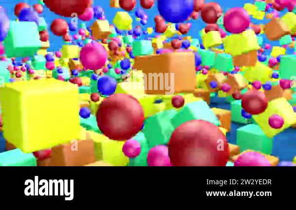 Cubes and balls with all colors rainbow jump on blue background. 3D ...