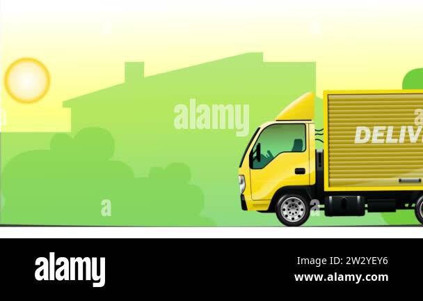 2D animation of a robot making delivery with a car full of goods, in a ...