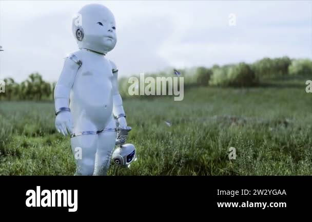 mother robot with her baby robot in the meadow on the background of a ...