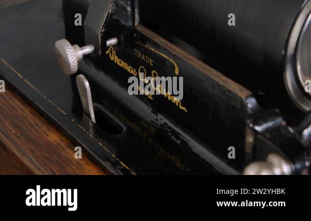 Macro detailed shot of the mechanisms of a classic phonograph on a ...