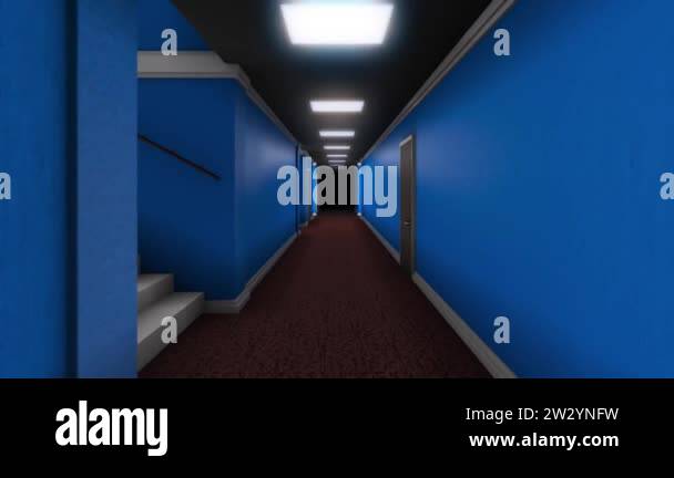 Long corridor with doors and darkness at end. Animation. Moving forward ...