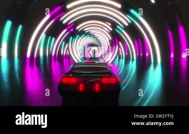 Muscle car driving in endless blue and purple neon tunnel, retrotrack ...