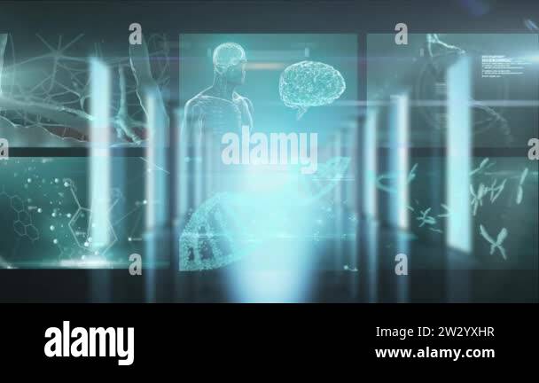 Animation of multiple screens with medical data processing, DNA strands ...