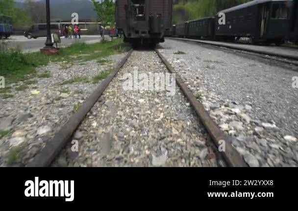 walking along the retro train, Old steam locomotive close-up, Steam ...