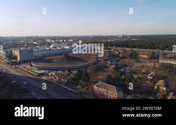 Aerial footage. Old round building. Ussr modernism architecture style ...