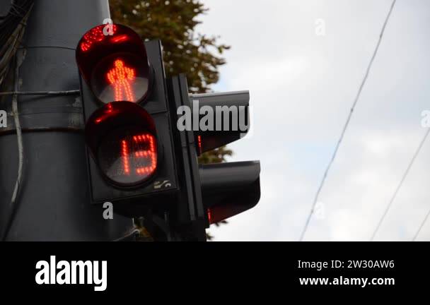 Close-up pedestrian traffic light. Two traffic lights turn red and turn ...