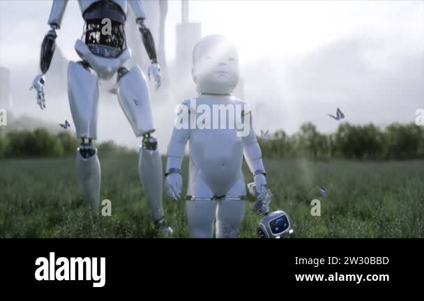mother robot with her baby robot in the meadow on the background of a ...