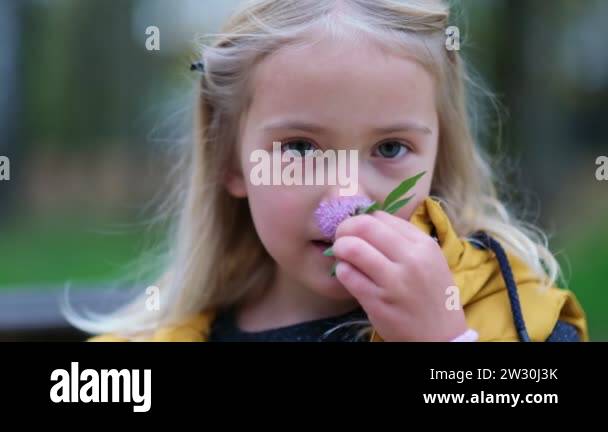Portrait of a lovely little girl holds a clover flower in his hands ...
