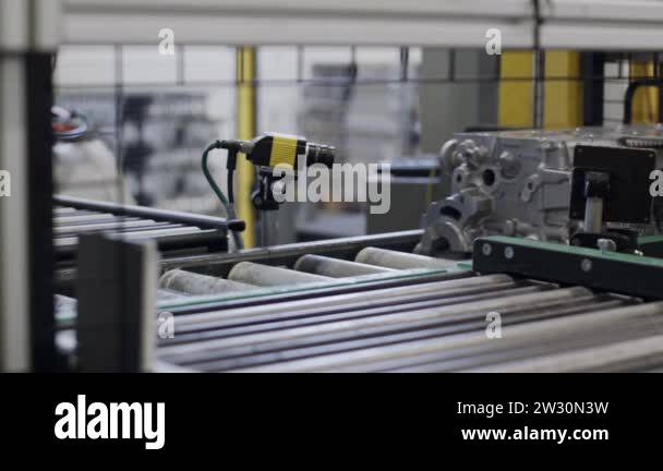 Engine Block Running on the Automated Conveyor Belt. Quality Control ...