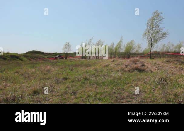 Off road car rides through dusty terrain.Off road vehicle, jeep is ...