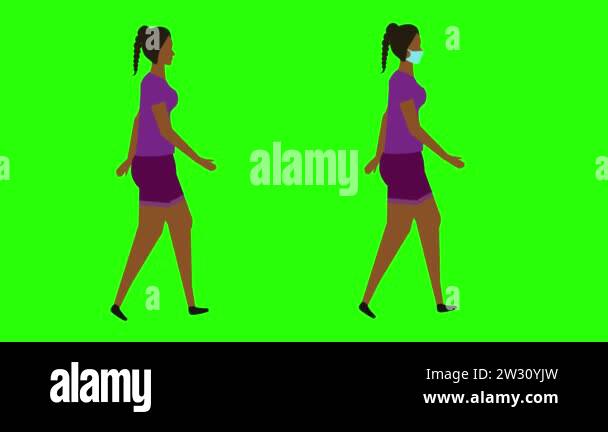 Women walking cycle seamless loop , face mask version, green screen ...
