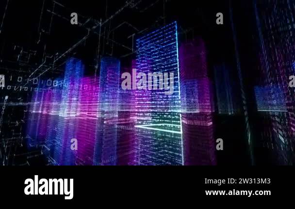 Abstract virtual city inside a computer system. Hologram 3D Big Data ...