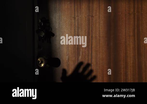 Scary shadow of a hand on the door. Silhouette of a thief hand trying ...