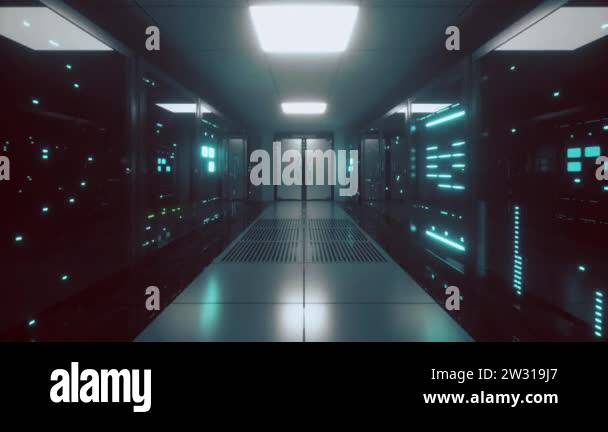 Endless flight along server blocks. Data center and internet. Server ...