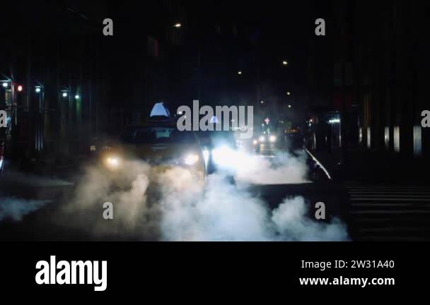 New York City Steam At Night - Extreme Slow Motion Cars Driving Through ...