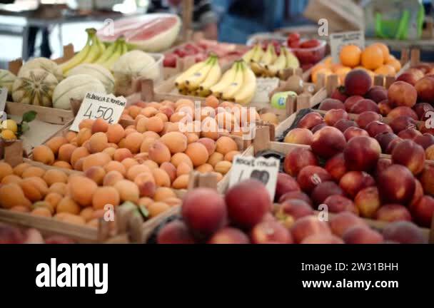 Organic fruits at farmers market, variety of fresh tropical fruits in ...