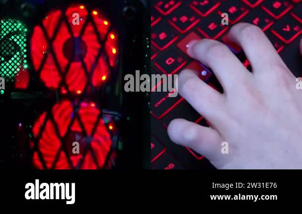 Gamer playing a computer game. Split screen. Programmer. Online shopping. Cyber Monday. Hands on ...