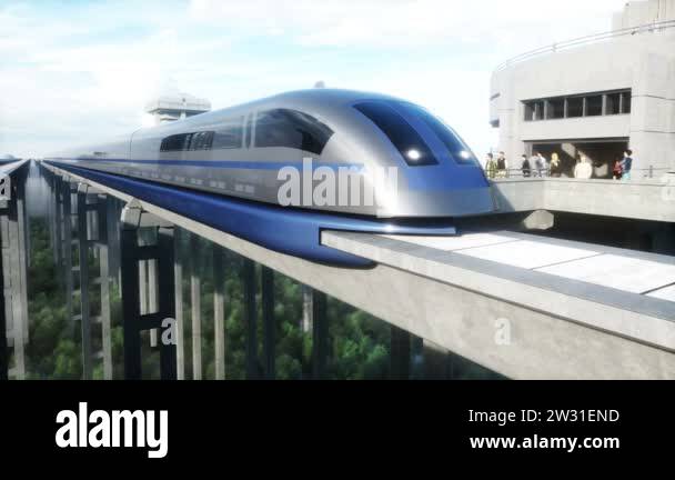 futuristic train station with monorail and train. traffic of people ...