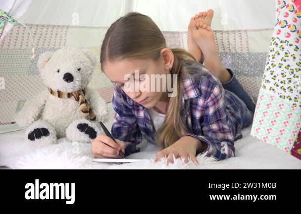 Kid Playing Tablet in Playroom, Child Writing Homework for School, Girl ...