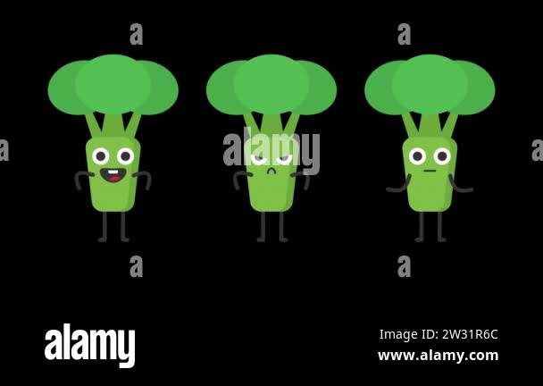 Broccoli funny character. Three animations yes no surprised. Transparent background. Loop ...