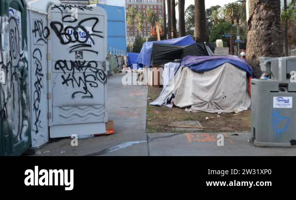 Los Angeles, CA USA - December 29, 2020: Graffiti covered outhouses ...