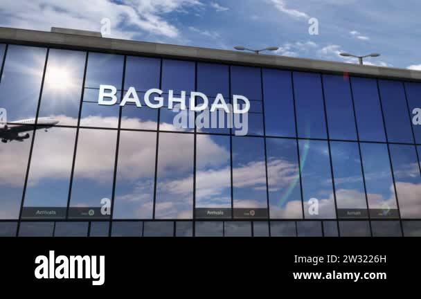 Jet aircraft landing at Baghdad, Iraq 3D rendering animation. Arrival ...