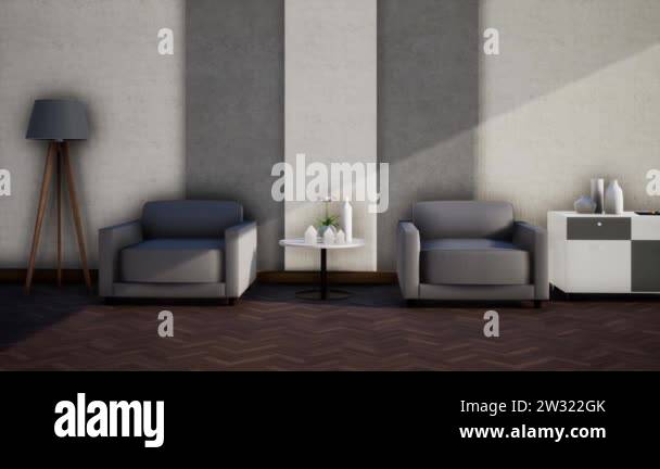 interior design of white living room with furniture, rotating shot slow ...