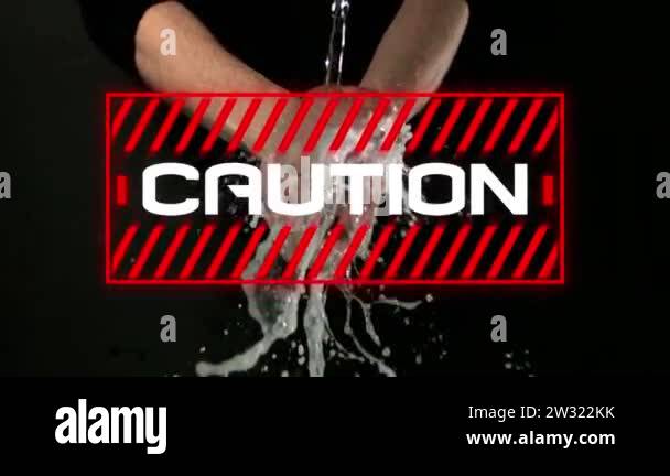 Animation of the word Caution! written in white letters in red frame ...