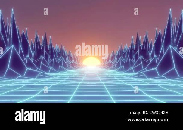 Retro futuristic background 80s style. 4K 3D rendering seamless loop Retrowave Landscape VJ ...