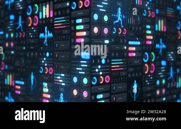 Hi tech panel of fitness application on dark background. Running and ...