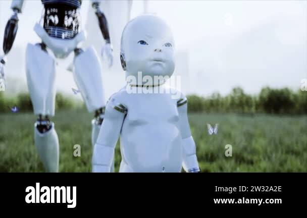 mother robot with her baby robot in the meadow on the background of a ...