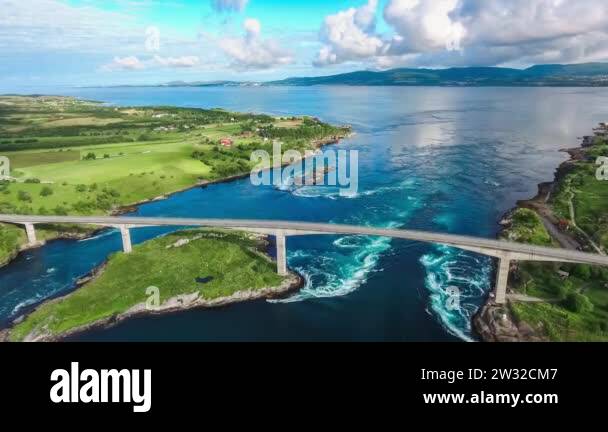Whirlpools of the maelstrom of Saltstraumen, Nordland, Norway aerial ...