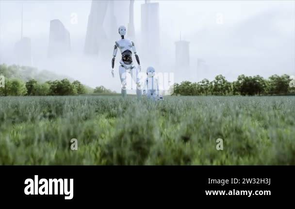 mother robot with her baby robot in the meadow on the background of a ...