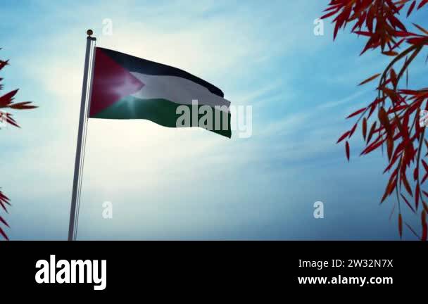 Palestine flag flying through trees with sun. Backlit Palestinian ...
