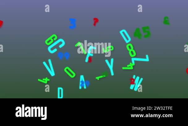 Digital animation of multiple changing numbers and alphabets floating against blue background ...