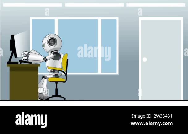2D robot working on a computer and showing the clock, in a cartoon ...