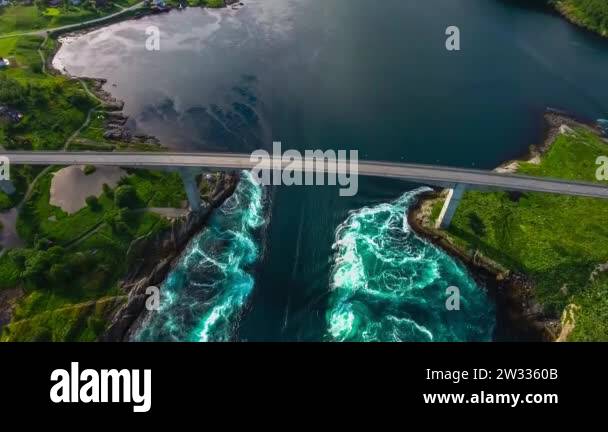 Whirlpools of the maelstrom of Saltstraumen, Nordland, Norway aerial ...