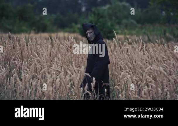 Scary black figure on a wheat field. Terrible ghost in dark mantle with ...