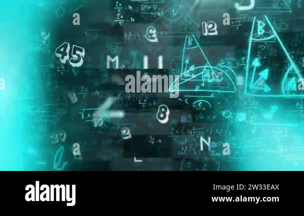 Digital animation of multiple changing numbers and alphabets against mathematical equations on ...