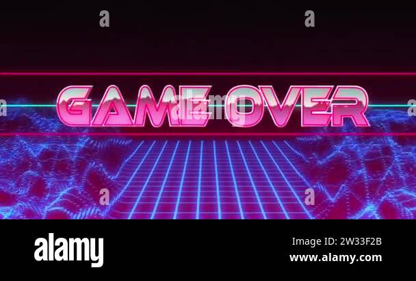 Game over written in pink metallic on black background with blue ...