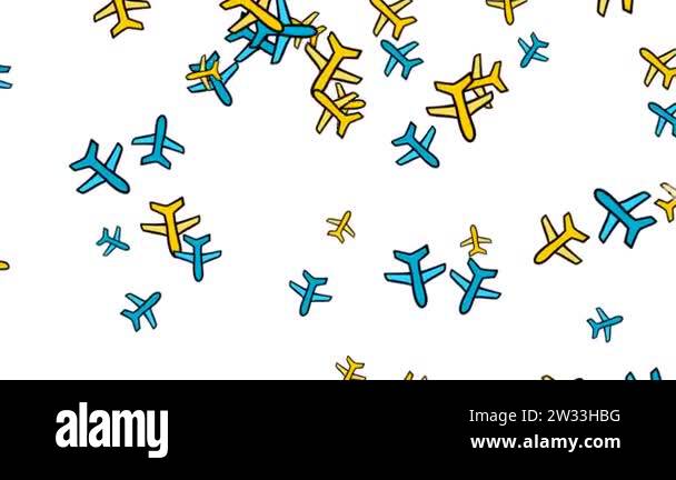 Many airplanes flying randomly, cartoon screensaver. Travel concept ...