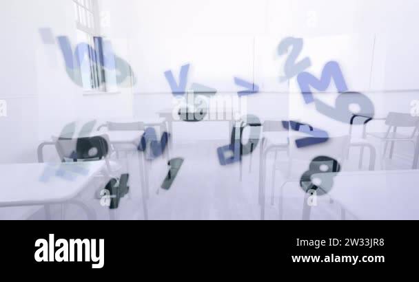 Digital composition of changing numbers and alphabets floating against empty classroom. school ...
