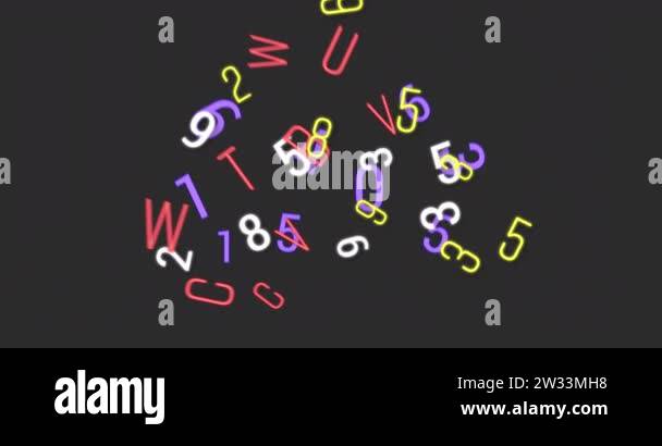 Digital animation of multiple changing numbers and alphabets floating against black background ...