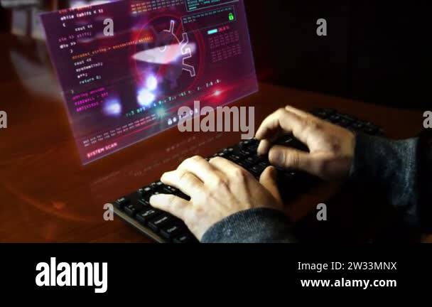 Man typing on the keyboard with virus alert on hologram screen on desk ...