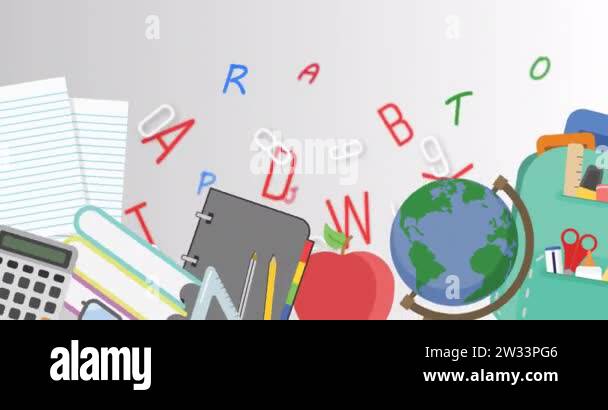 Digital animation of school concept icons moving against multiple ...