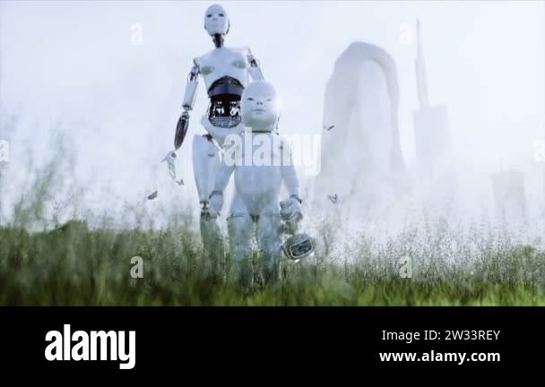 mother robot with her baby robot in the meadow on the background of a ...