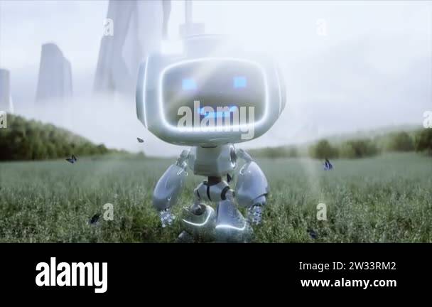 Funny toy robot in the meadow on the background of a futuristic city ...